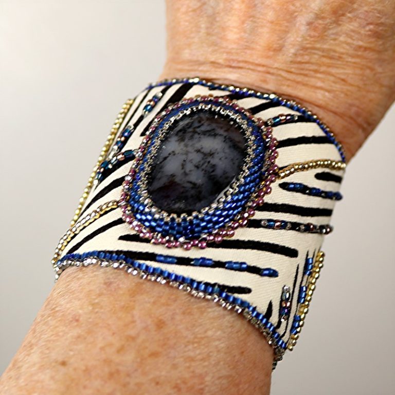 Bead Embroidery: How to Make a Fabric Cuff with Peyote Bezel Cabochon ...